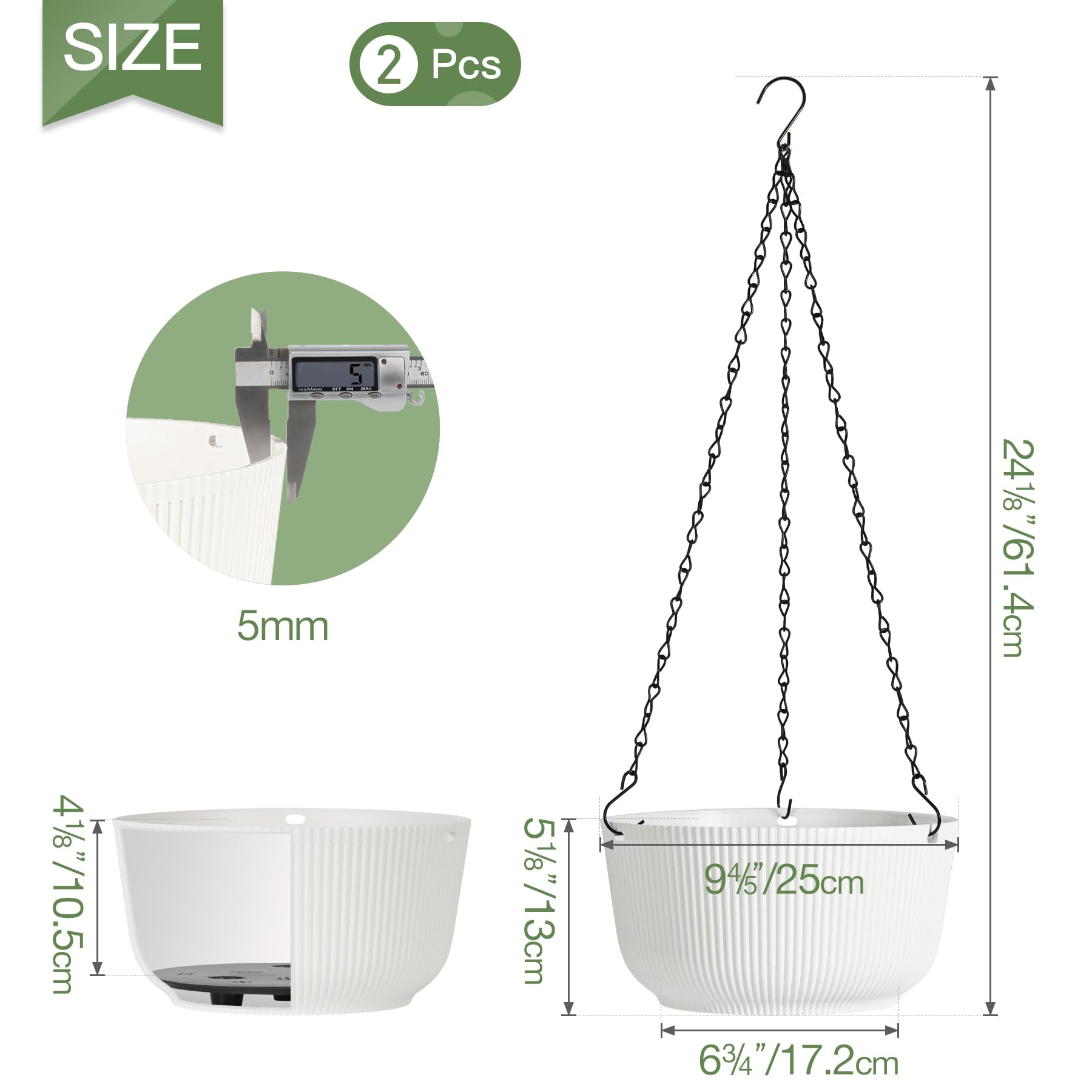 T4U 10 Inch Hanging Planters for Indoor Outdoor Plants, 2 Pack White Self Watering Hanging Plant Pot, Hanging Pots Set with Drainage Hole & Plug & Chain with 3 Hooks for Garden Home Decor