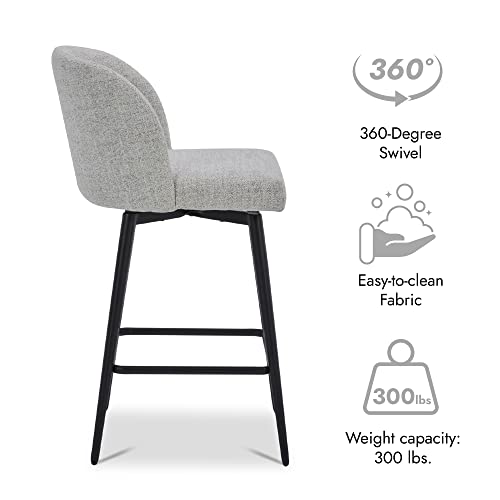 Watson & Whitely Counter Height Bar Stools Set of 2, 360° Swivel Upholstered Barstools with Backs and Metal Legs, 26" H Seat Height, Fabric in White (Multi-Colored)