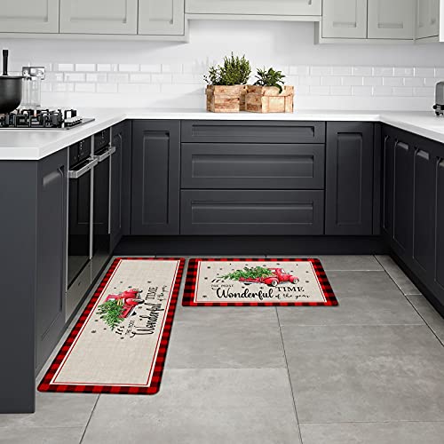 Quote Words 2PC Memory Foam Kitchen Mats Rectangle Water Absorbent Kitchen Rugs, Anti-Wear & Anti-Skid Floor Mat for Sink, Hallway 18x30in+18x48in Rustic Truck Christmas Tree Red Plaid