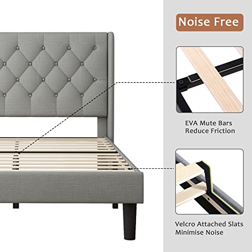 Feonase Upholstered Queen Bed Frame with Wingback, Platform Bed with Diamond Tufted Headboard, Heavy Duty Bed Frame, Wood Slat, Easy Assembly, Noise-Free, No Box Spring Needed, Light Gray