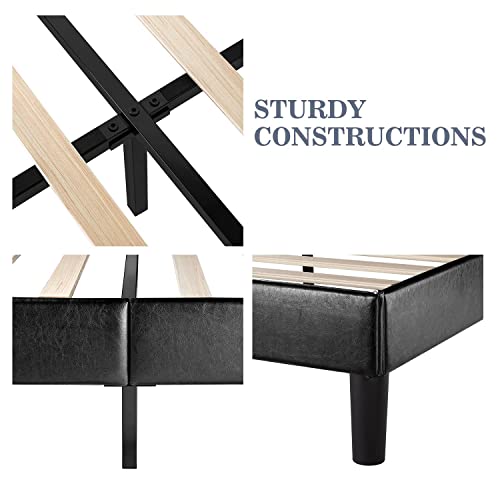 Allewie Queen Bed Frame with Adjustable Diamond Stitched Button Tufted Headboard/Faux Leather Upholstered Platform Bed with Easy-Assembly Wood slats, Black