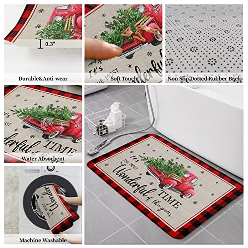 Quote Words 2PC Memory Foam Kitchen Mats Rectangle Water Absorbent Kitchen Rugs, Anti-Wear & Anti-Skid Floor Mat for Sink, Hallway 18x30in+18x48in Rustic Truck Christmas Tree Red Plaid
