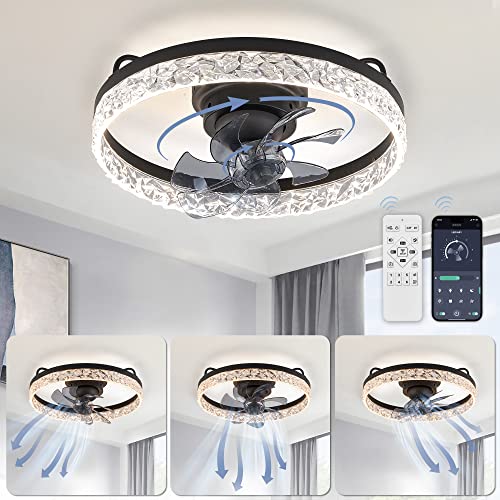 LEDIARY 20 Inch Modern Ceiling Fans with Lights and Remote, Oscillating Low Profile Ceiling Fan, Flush Mount Bladeless LED Ceiling Fan, Dimmable, Stepless Color Changeable, 6 Wind Speeds - Black