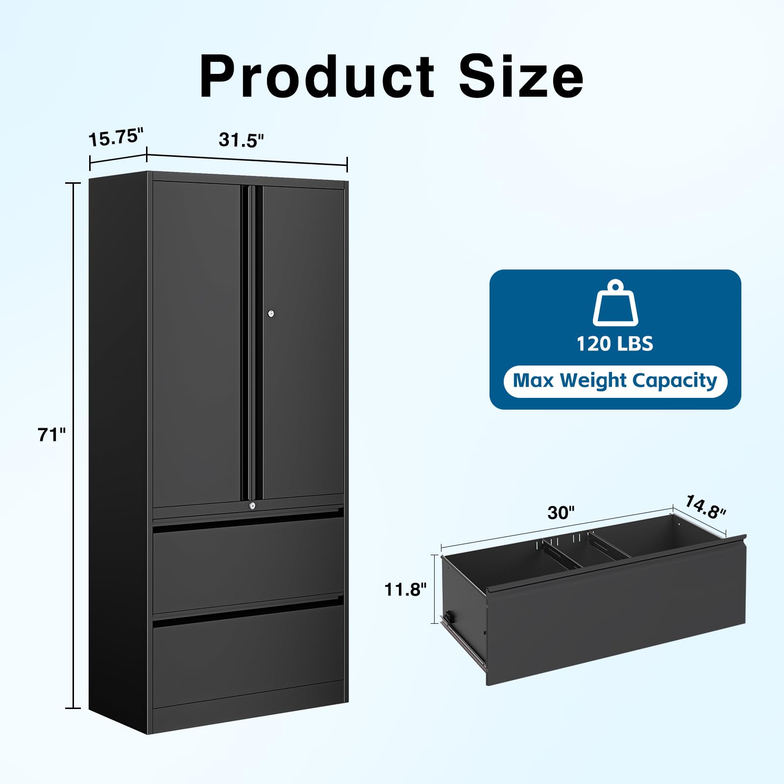 2-Drawer Metal File Cabinet, Lateral Vertical Filing Cabinets for Home Office, Locking File Cabinet with Storage Shelves, Legal/Letter/A4 Size Office File Cabinet, (Black, Assemble Required)