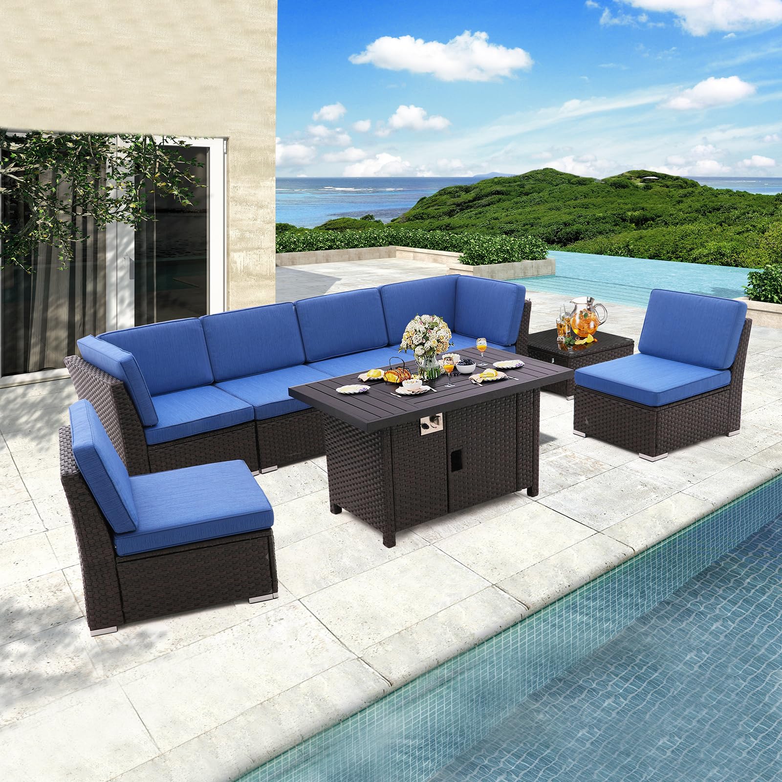 8 Pieces Outdoor Patio Furniture Set with 46" Propane Fire Pit Table, Brown PE Wicker Patio Furniture Sectional Sofa, 55,000 BTU Auto-Ignition Firepit w/Glass Wind Guard