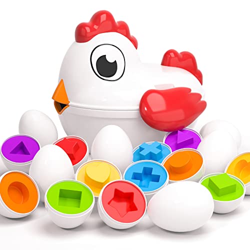 TEMI Toddler Chicken Easter Eggs Toys - Color Matching Game Shape Sorter with 6 Toy Eggs for Kids, Fine Motor Skills Sensory Toys, Montessori Educational Toys Easter Gifts for 3 4 5 6 Girls Boys Baby
