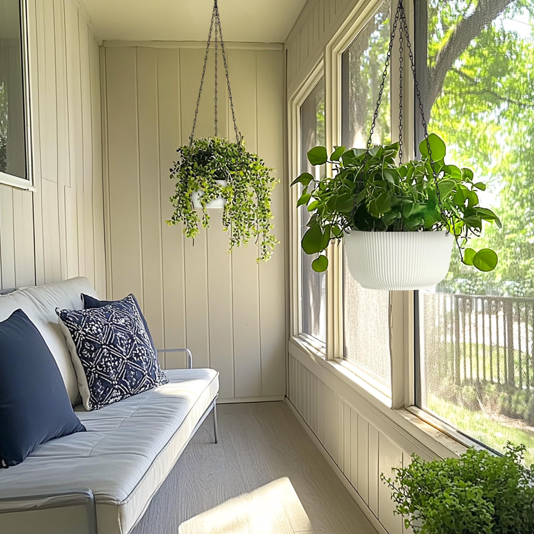 T4U 10 Inch Hanging Planters for Indoor Outdoor Plants, 2 Pack White Self Watering Hanging Plant Pot, Hanging Pots Set with Drainage Hole & Plug & Chain with 3 Hooks for Garden Home Decor