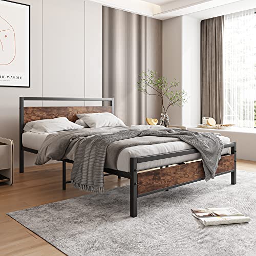 HOJINLINERO Full Size Bed Frame with Headboard, Heavy Duty Platform Bed Frame Full Reinforced Steel Square Tube Platform Strong Slats Support/No Box Spring Needed,Black