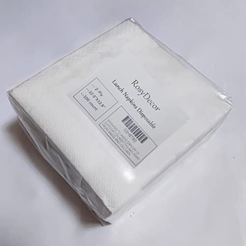 2 Ply White Lunch Napkins Disposable Four Fold Luncheon Paper Napkins 12.9" X 12.9" unfolded 100 Count every day use RosyDecor