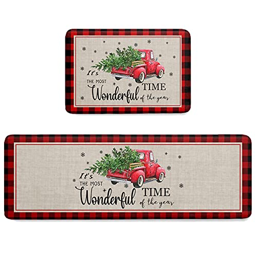 Quote Words 2PC Memory Foam Kitchen Mats Rectangle Water Absorbent Kitchen Rugs, Anti-Wear & Anti-Skid Floor Mat for Sink, Hallway 18x30in+18x48in Rustic Truck Christmas Tree Red Plaid