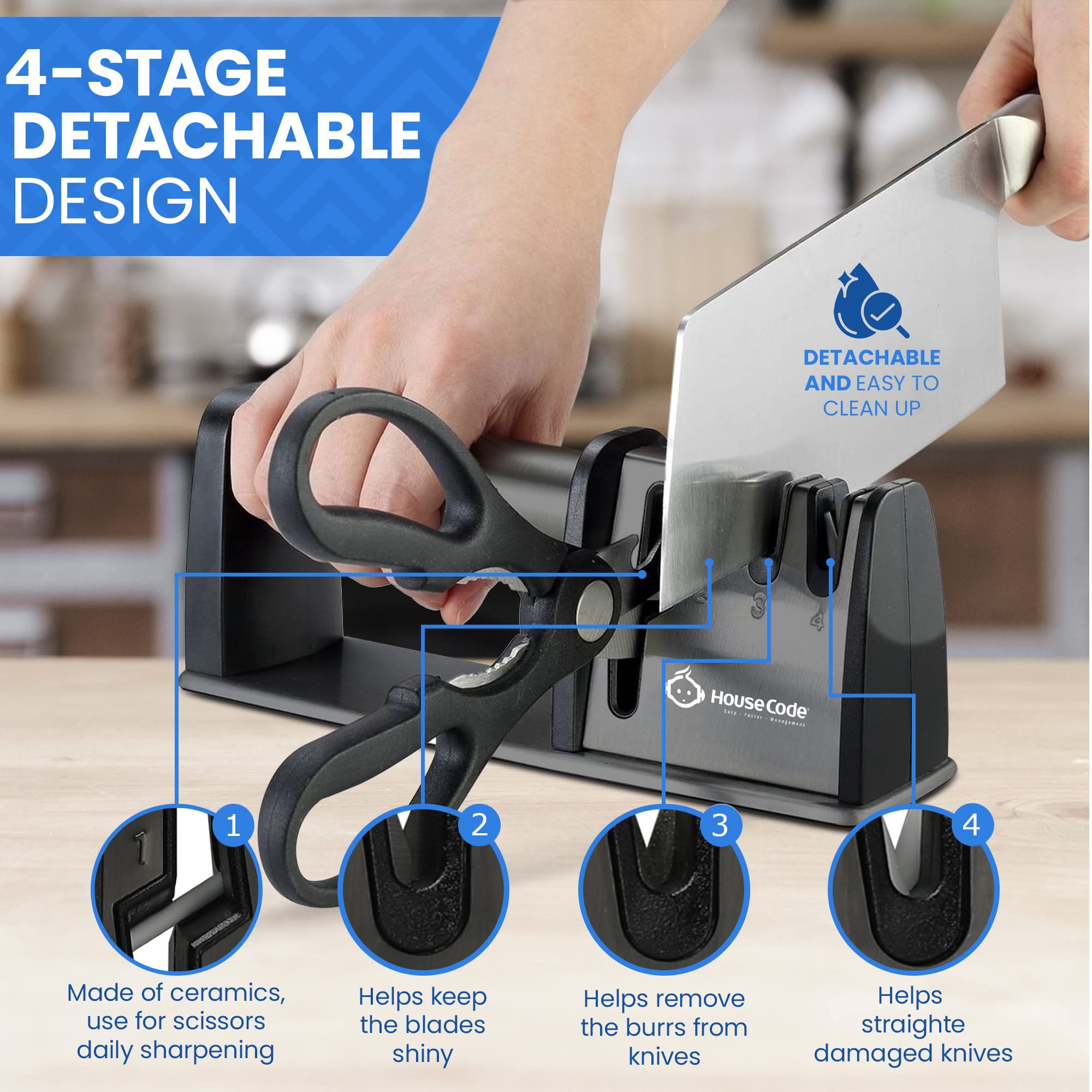 HouseCode Premium TITANIUM Knife Sharpener, 4 in 1 Knife Sharpening with Cut-Resistant Glove, Ergonomic Handle - Sharpen and Polish Kitchen Knives and Scissors, Non-Slip Base for Safe Sharpening (9")