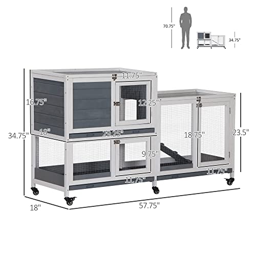 PawHut Wooden Rabbit Hutch Bunny Hutch Elevated Pet House Cage Small Animal Habitat with No Leak Tray Lockable Door Openable Top for Indoor 57.75" x 18" x 32.5" Grey