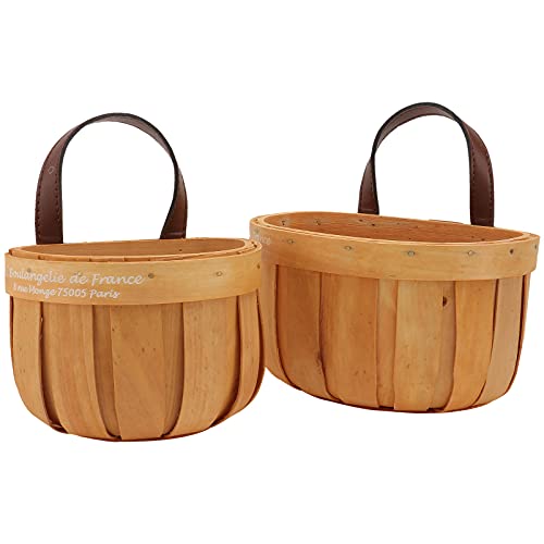 VALICLUD Woven Baskets 2pcs Wall Hanging Bucket Wooden Wall Pocket Planter Hanging Natural Bucket Vintage Rustic Flowers Vase Planter Holder with Rope for Indoor Outdoor Decor Indoor Hanging Planters
