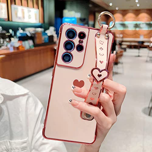 phylla for Samsung Galaxy S21 Ultra 5g Phone Case with Electroplated Cute Hearts Wrist Strap Kickstand Luxury Love Heart Full Camera Protection Cover Soft Shockproof Holder Bumper (Pink)