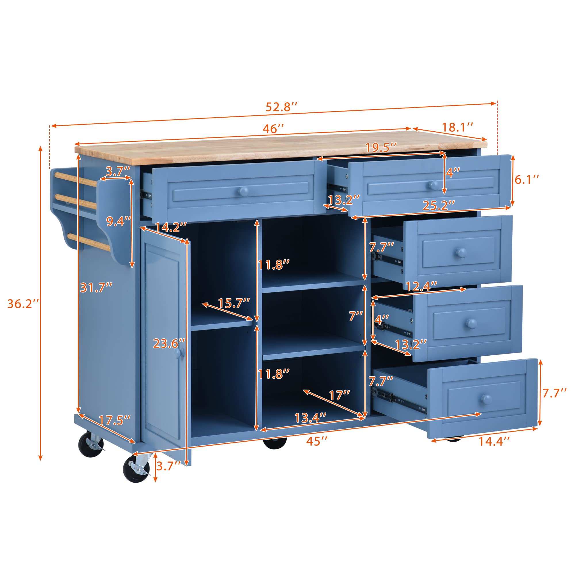 P PURLOVE Kitchen Island Cart with Solid Wood Desktop and Storage Cabinet, Rolling Mobile Kitchen Island Cart with Adjustable Shelves, Spice Rack, Towel Rack, 5 Drawers and Lockable Casters, Blue