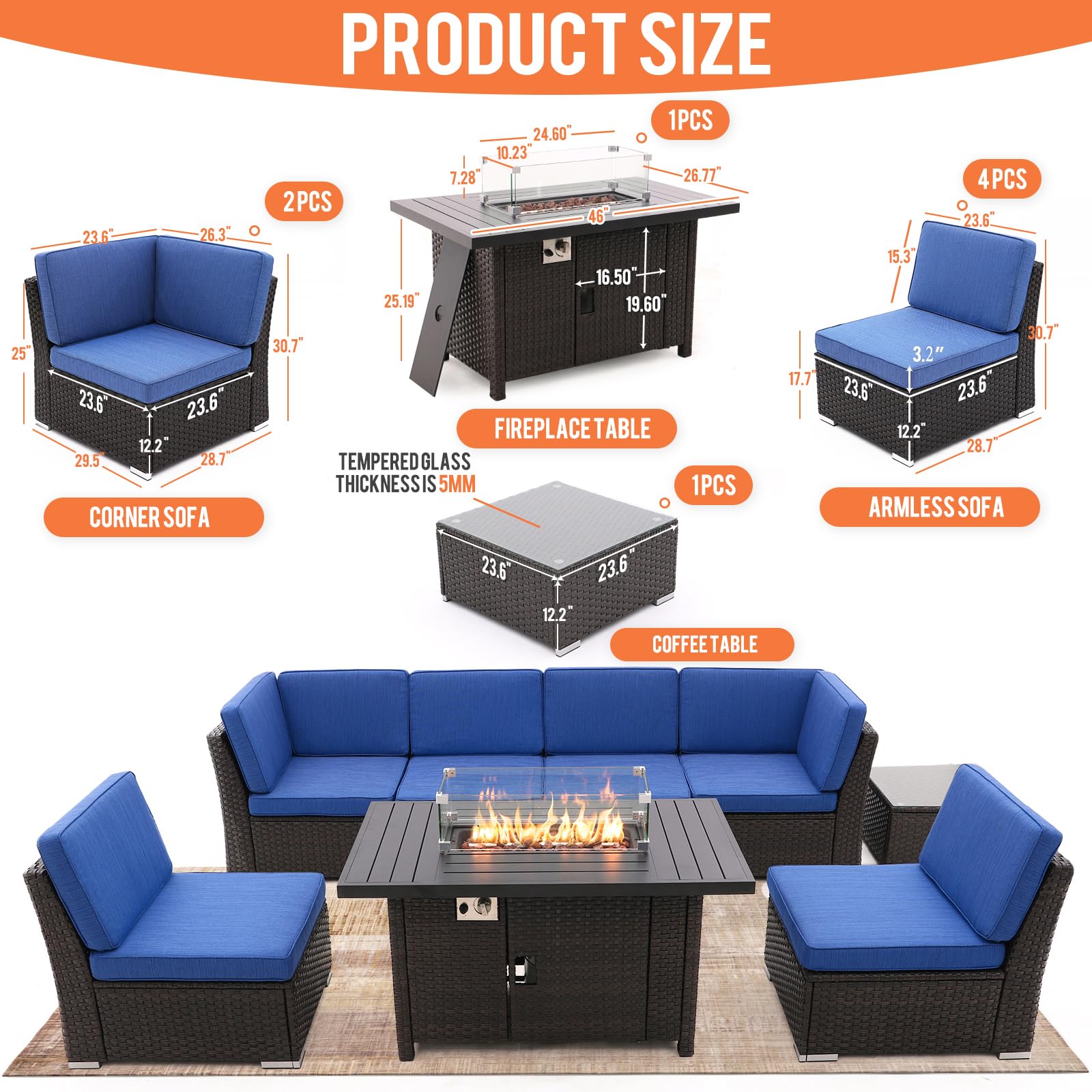 8 Pieces Outdoor Patio Furniture Set with 46" Propane Fire Pit Table, Brown PE Wicker Patio Furniture Sectional Sofa, 55,000 BTU Auto-Ignition Firepit w/Glass Wind Guard