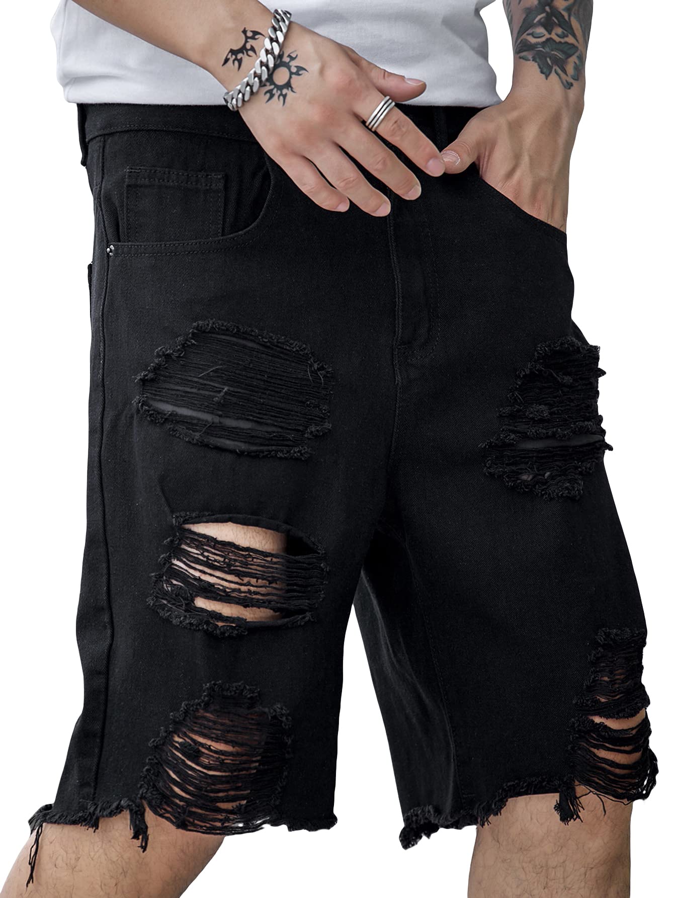 Verdusa Men's Ripped Distressed Raw Trim High Waist Straight Leg Denim Shorts Black XL
