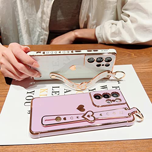 phylla for Samsung Galaxy S21 Ultra 5g Phone Case with Electroplated Cute Hearts Wrist Strap Kickstand Luxury Love Heart Full Camera Protection Cover Soft Shockproof Holder Bumper (Pink)