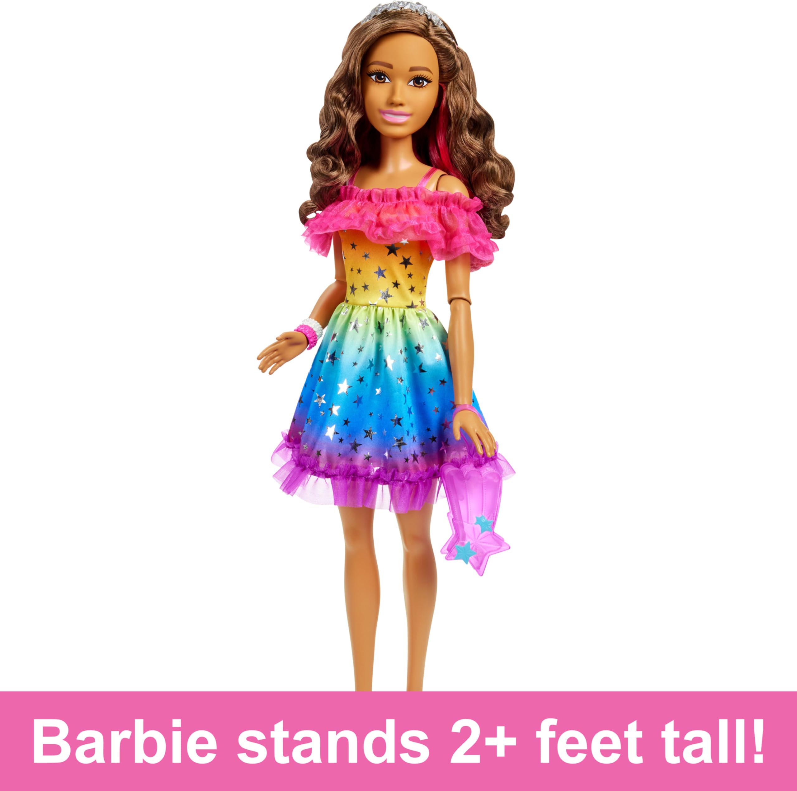 Barbie Large Doll with Brown Hair, 28 Inches Tall with Rainbow Dress & Styling Accessories Like Shooting Star Handbag
