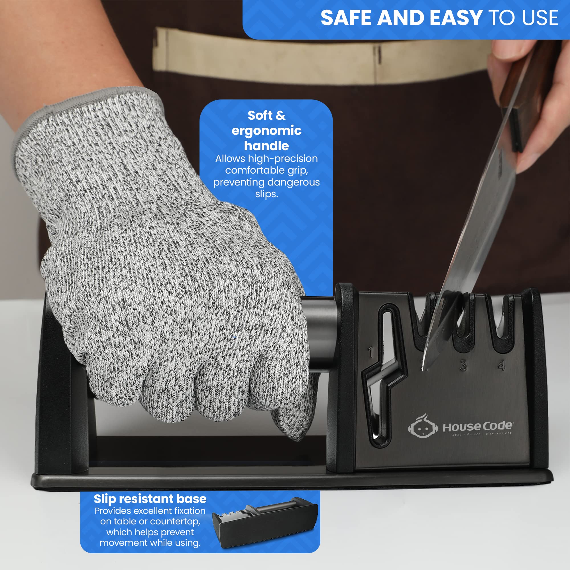 HouseCode Premium TITANIUM Knife Sharpener, 4 in 1 Knife Sharpening with Cut-Resistant Glove, Ergonomic Handle - Sharpen and Polish Kitchen Knives and Scissors, Non-Slip Base for Safe Sharpening (9")