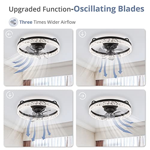 LEDIARY 20 Inch Modern Ceiling Fans with Lights and Remote, Oscillating Low Profile Ceiling Fan, Flush Mount Bladeless LED Ceiling Fan, Dimmable, Stepless Color Changeable, 6 Wind Speeds - Black