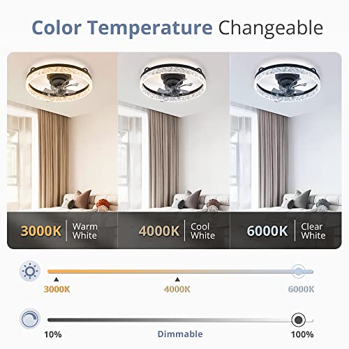 LEDIARY 20 Inch Modern Ceiling Fans with Lights and Remote, Oscillating Low Profile Ceiling Fan, Flush Mount Bladeless LED Ceiling Fan, Dimmable, Stepless Color Changeable, 6 Wind Speeds - Black