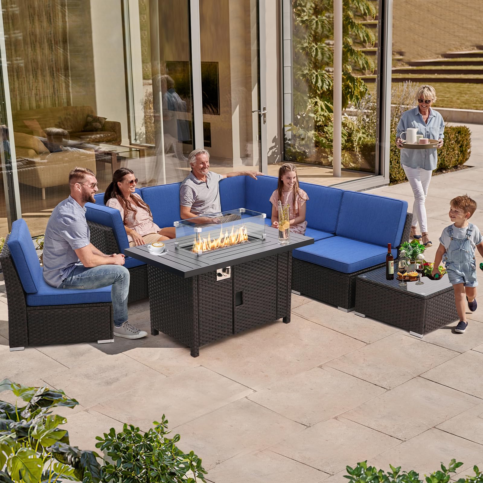 8 Pieces Outdoor Patio Furniture Set with 46" Propane Fire Pit Table, Brown PE Wicker Patio Furniture Sectional Sofa, 55,000 BTU Auto-Ignition Firepit w/Glass Wind Guard