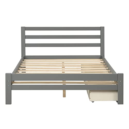 Lostcat Full Size Bed Frame with Storage and Headboard,Wood Slats Support,Solid Pinewood Bedframe, No Box Spring Needed,for Boys/Girls/Adult Bedroom,Gray