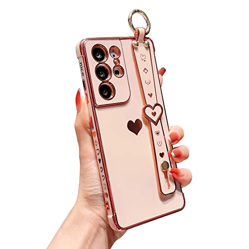 phylla for Samsung Galaxy S21 Ultra 5g Phone Case with Electroplated Cute Hearts Wrist Strap Kickstand Luxury Love Heart Full Camera Protection Cover Soft Shockproof Holder Bumper (Pink)