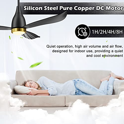 LEEAGLEGRY 52 Inch Black Ceiling Fan with Lights and Remote, Black and Gold Ceiling Fans with Dimmable LED Light, 3 Blade Modern Fan, Quiet DC Motor Tri-Color for Bedroom Living Dining Room