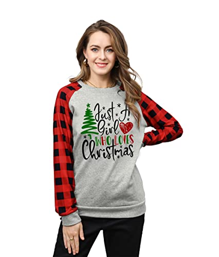 PECHAR Just A Girl Who Loves Christmas Sweatshirt for Women Christmas Tree Graphic Shirts Xmas Long Sleeve Pullover Tops