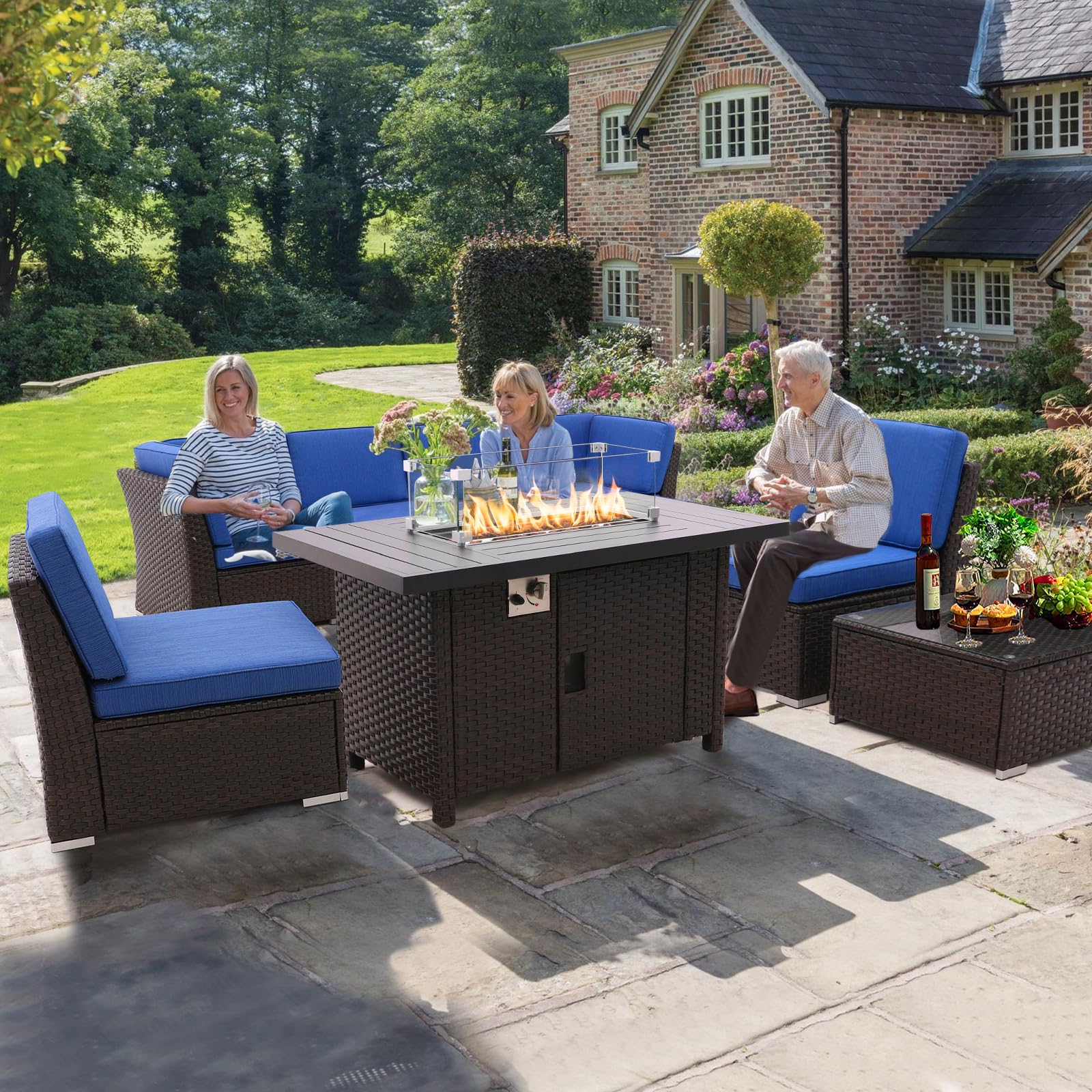 8 Pieces Outdoor Patio Furniture Set with 46" Propane Fire Pit Table, Brown PE Wicker Patio Furniture Sectional Sofa, 55,000 BTU Auto-Ignition Firepit w/Glass Wind Guard