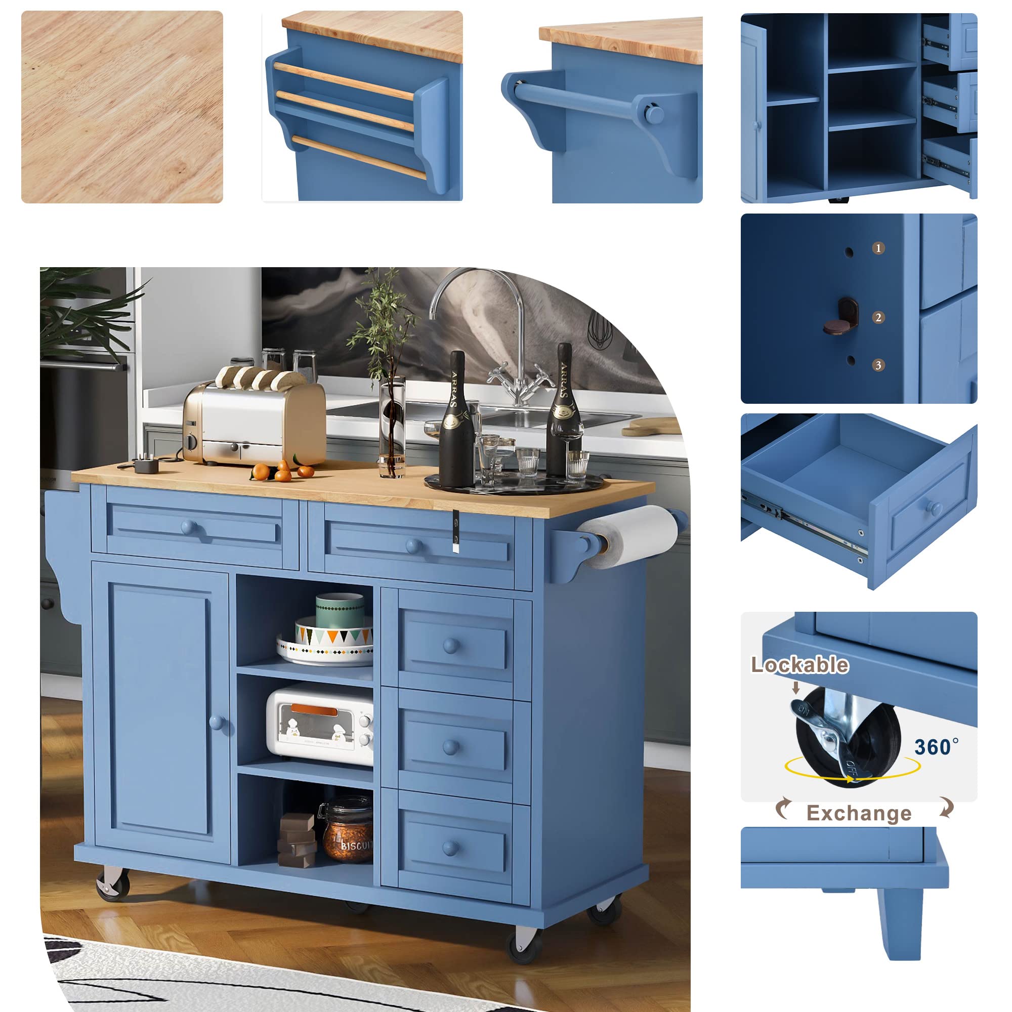 P PURLOVE Kitchen Island Cart with Solid Wood Desktop and Storage Cabinet, Rolling Mobile Kitchen Island Cart with Adjustable Shelves, Spice Rack, Towel Rack, 5 Drawers and Lockable Casters, Blue