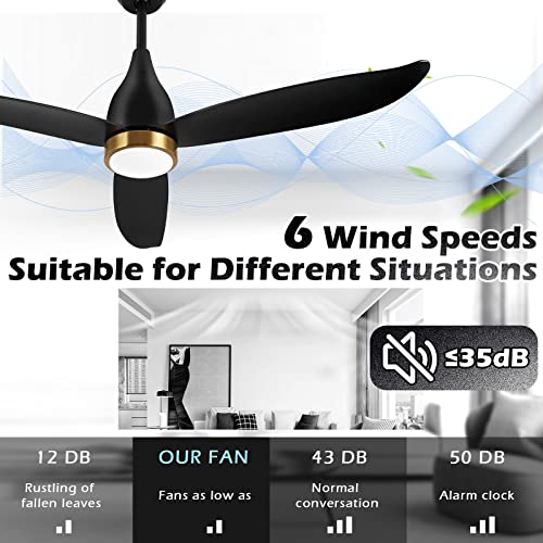 LEEAGLEGRY 52 Inch Black Ceiling Fan with Lights and Remote, Black and Gold Ceiling Fans with Dimmable LED Light, 3 Blade Modern Fan, Quiet DC Motor Tri-Color for Bedroom Living Dining Room