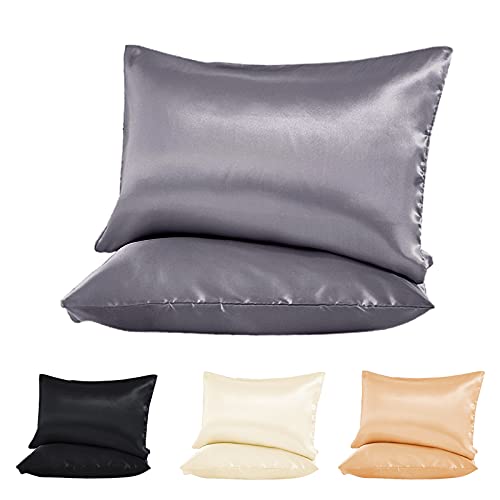 MOLIER. LU Satin Pillowcase Set of 2 Bed Pillowcases with Envelope Closure Slip Pillowcase Cover for Hair and Skin Cooling Pillowcase (20x30 Inches) Queen Deep Grey