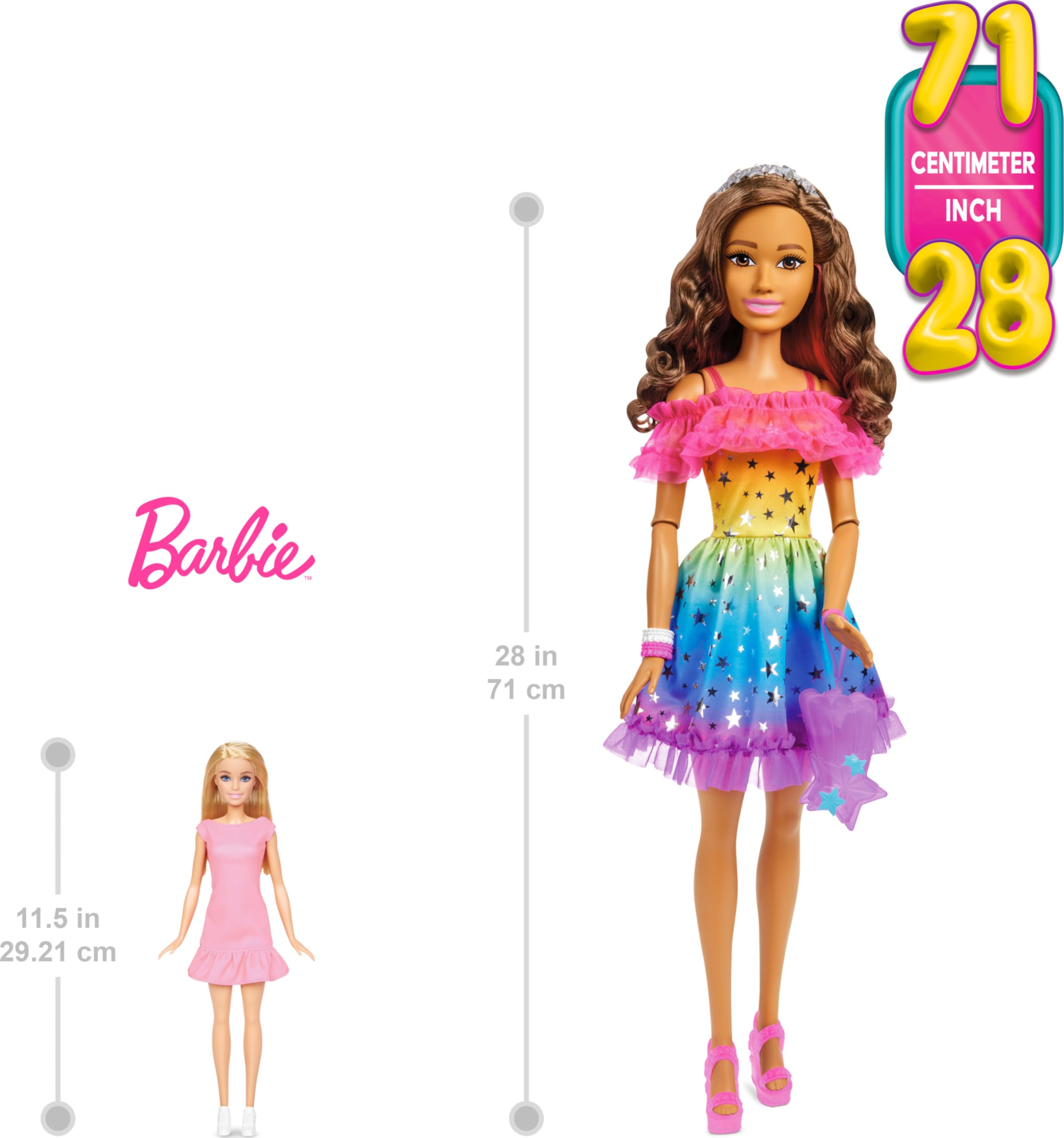 Barbie Large Doll with Brown Hair, 28 Inches Tall with Rainbow Dress & Styling Accessories Like Shooting Star Handbag