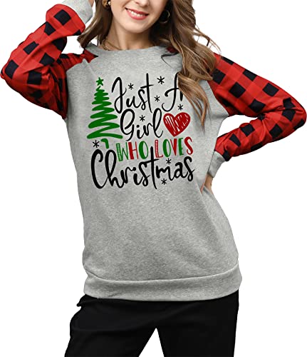 PECHAR Just A Girl Who Loves Christmas Sweatshirt for Women Christmas Tree Graphic Shirts Xmas Long Sleeve Pullover Tops