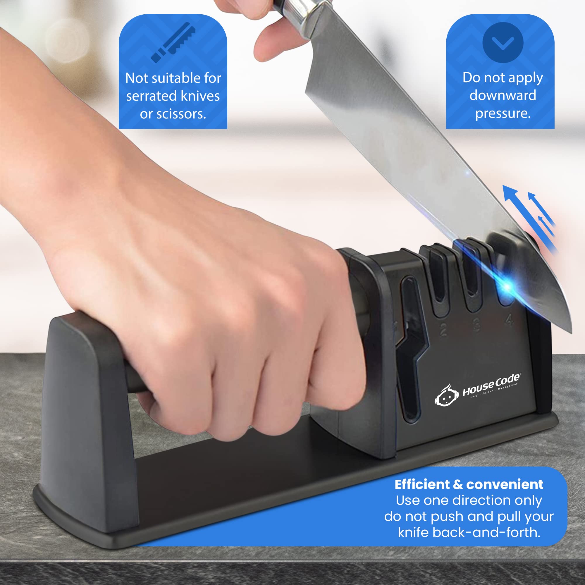 HouseCode Premium TITANIUM Knife Sharpener, 4 in 1 Knife Sharpening with Cut-Resistant Glove, Ergonomic Handle - Sharpen and Polish Kitchen Knives and Scissors, Non-Slip Base for Safe Sharpening (9")