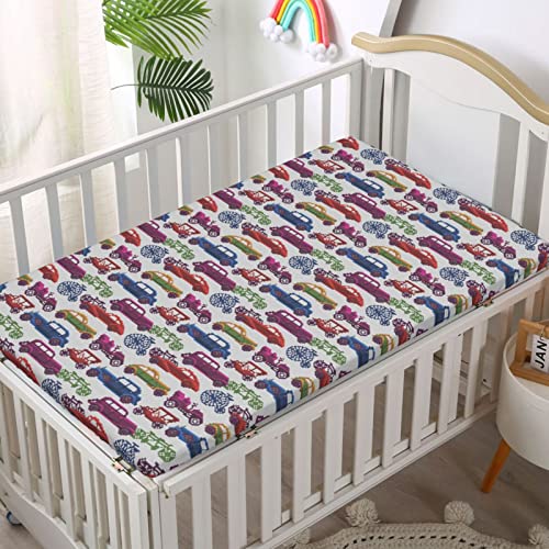 Cars Themed Fitted Crib Sheet,Standard Crib Mattress Fitted Sheet Toddler Bed Mattress Sheets-Crib Mattress Sheet or Toddler Bed Sheet, 28β x52β,Pale Grey and Multicolor