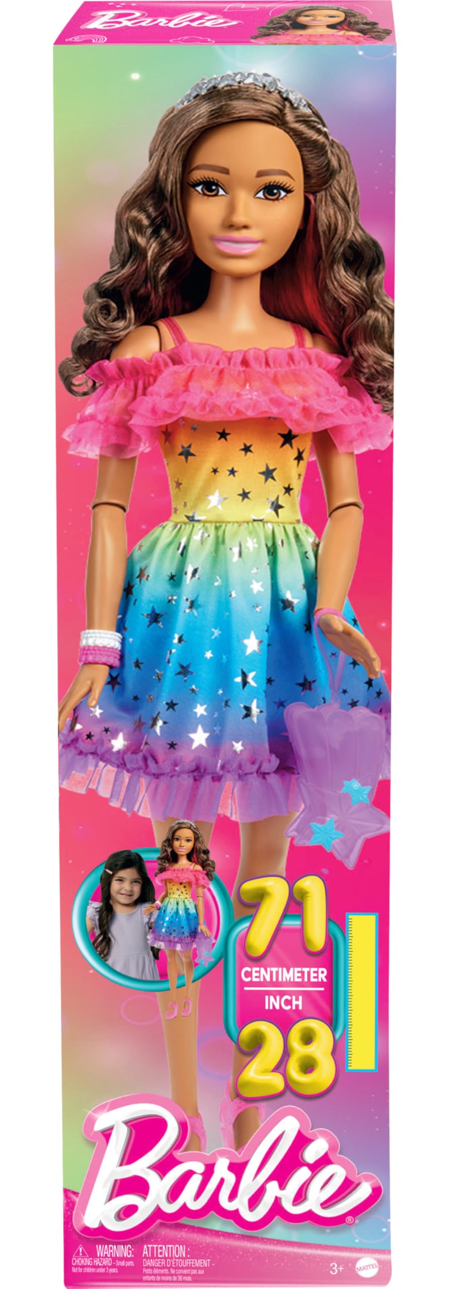 Barbie Large Doll with Brown Hair, 28 Inches Tall with Rainbow Dress & Styling Accessories Like Shooting Star Handbag