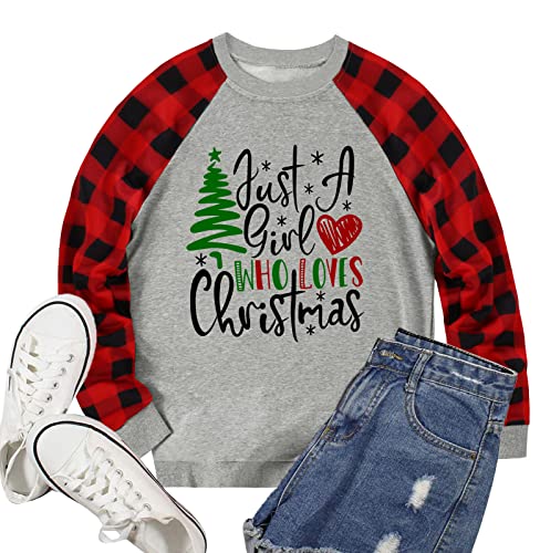 PECHAR Just A Girl Who Loves Christmas Sweatshirt for Women Christmas Tree Graphic Shirts Xmas Long Sleeve Pullover Tops