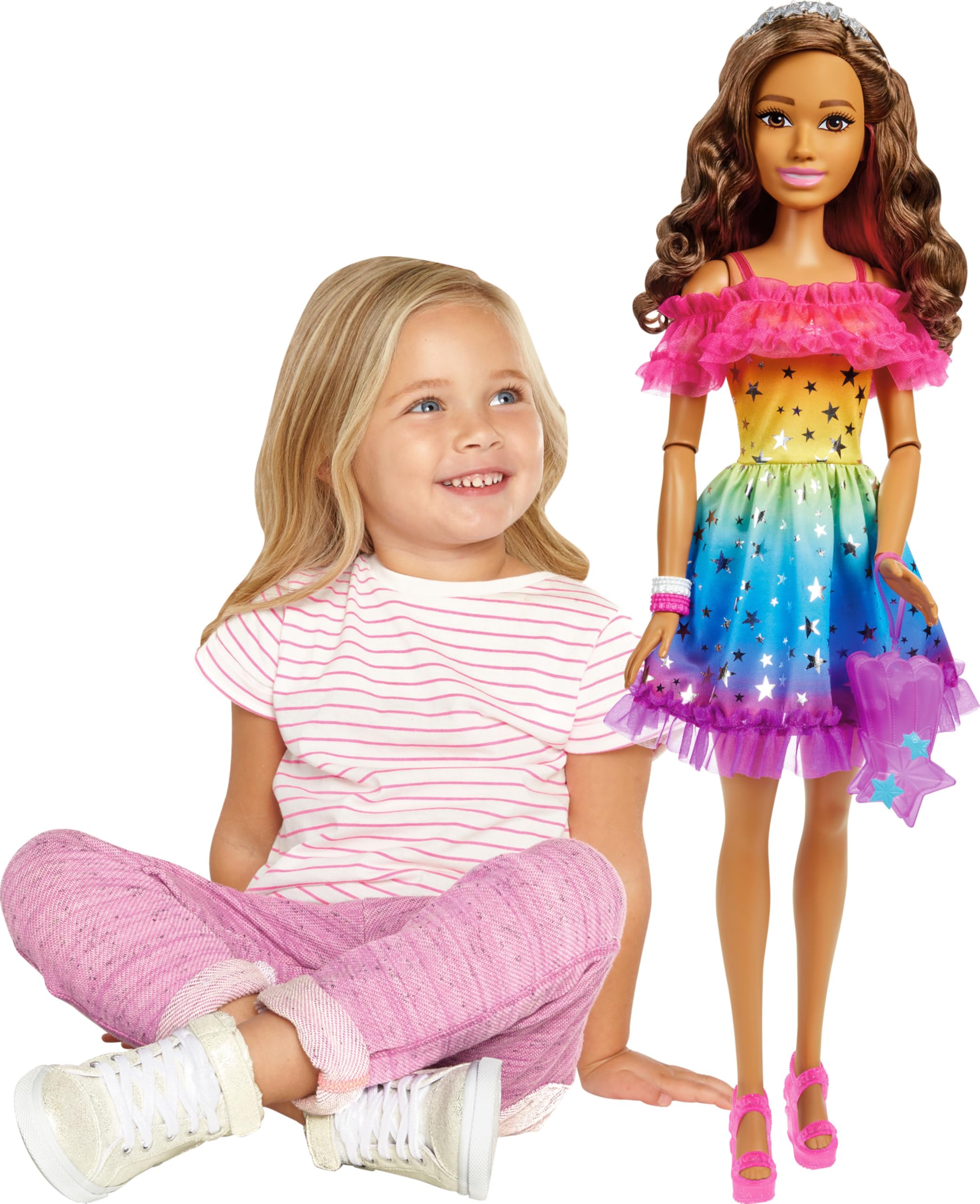 Barbie Large Doll with Brown Hair, 28 Inches Tall with Rainbow Dress & Styling Accessories Like Shooting Star Handbag
