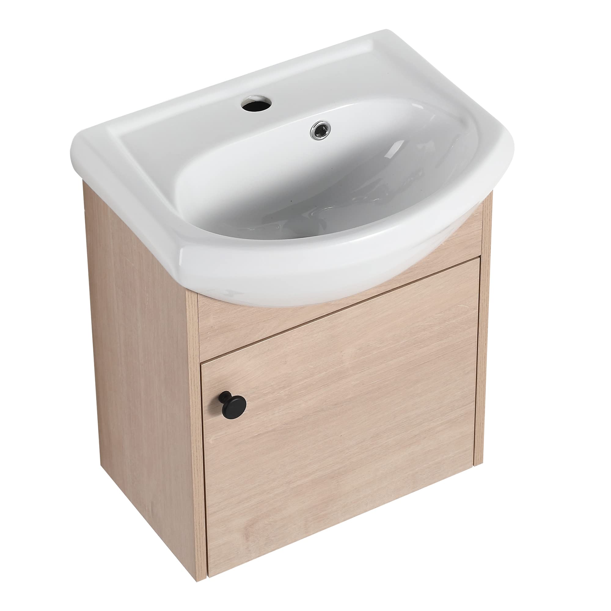 Pvillez Modern Bathroom Vanity with Sink Combo 18 inch Small Bathroom Vanity Set with Top Basin & Storage Cabinet Wood Wall Mounted Light Oak Bath Cabinet with Glossy Ceramic Sink for Small Space
