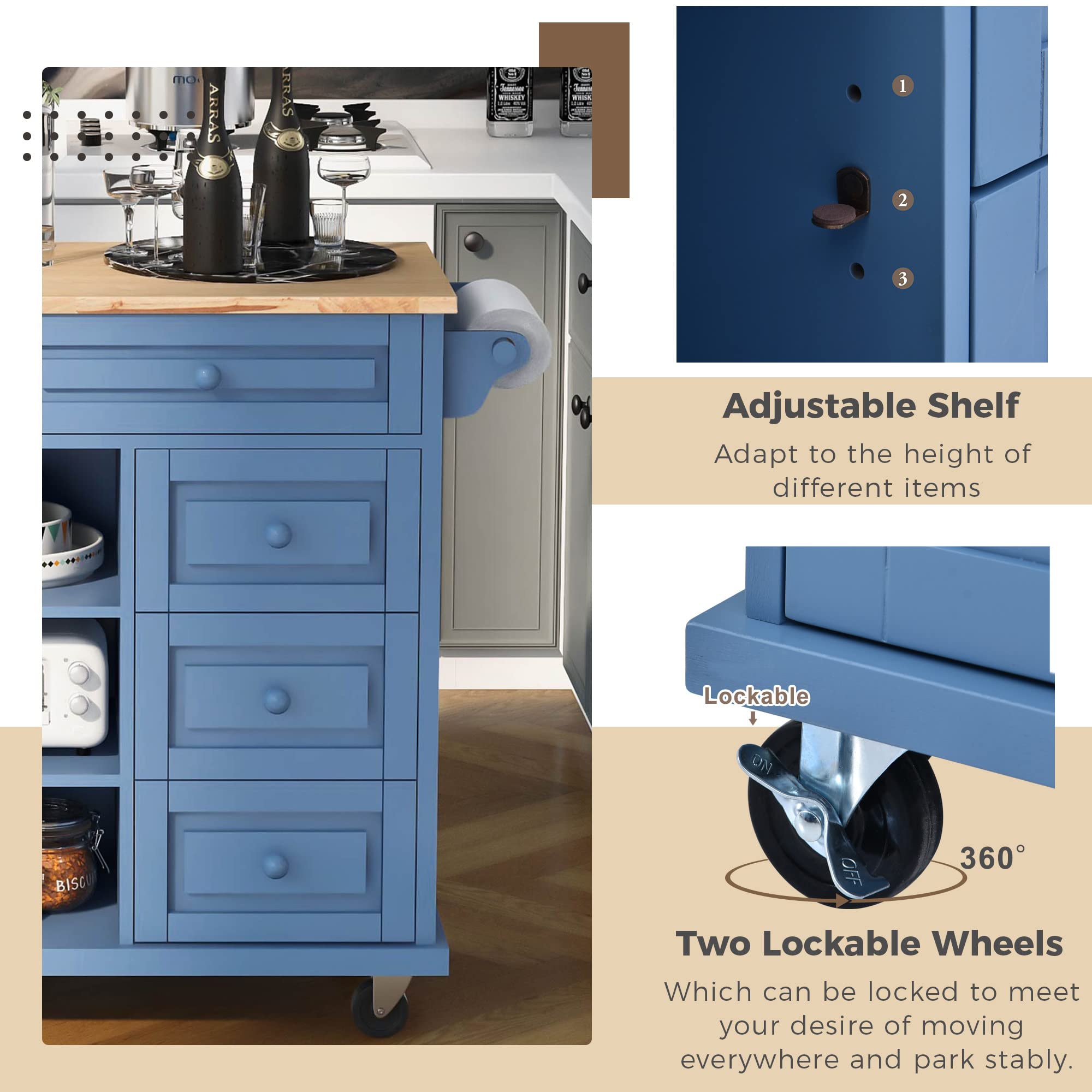 P PURLOVE Kitchen Island Cart with Solid Wood Desktop and Storage Cabinet, Rolling Mobile Kitchen Island Cart with Adjustable Shelves, Spice Rack, Towel Rack, 5 Drawers and Lockable Casters, Blue
