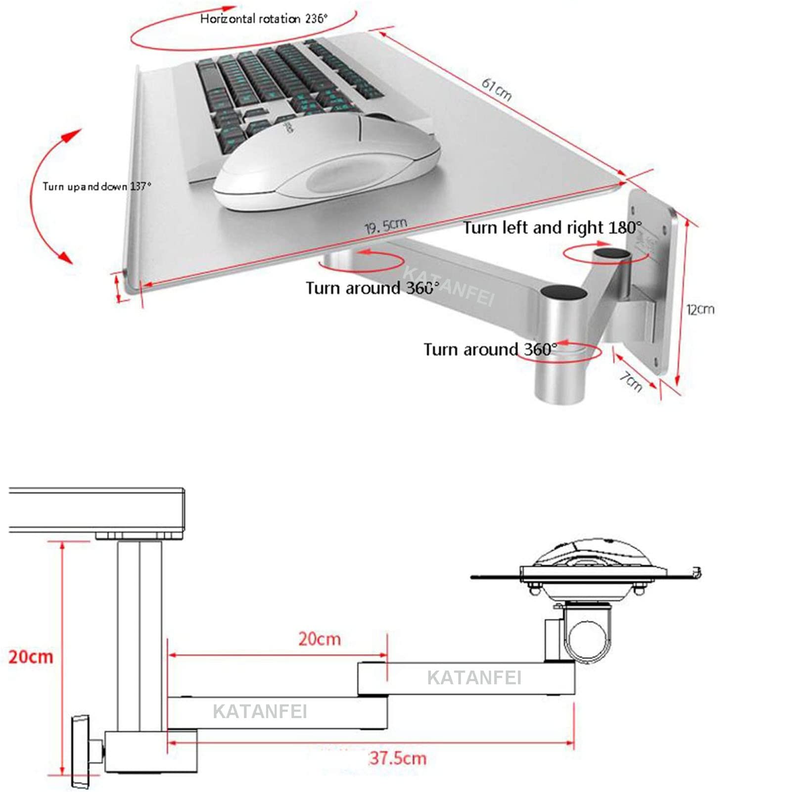 KATANFEI Wall Mount Keyboard Arm, Keyboard Tray Mouse Platform, Pull-Out Keyboard/Mouse Arm Mount Tray, Adjustable Keyboard Platform Silver Flexible Industrial Shelf (2 arm40cm)