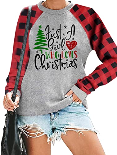 PECHAR Just A Girl Who Loves Christmas Sweatshirt for Women Christmas Tree Graphic Shirts Xmas Long Sleeve Pullover Tops
