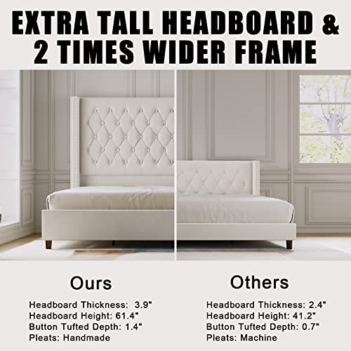 PaPaJet King Platform Bed Frame 61.4" Handmade Headboard Velvet Tall Upholstered Bed Deep Button Tufted/No Box Spring Required/Wood Slat Support/Easy Assembly/Cream