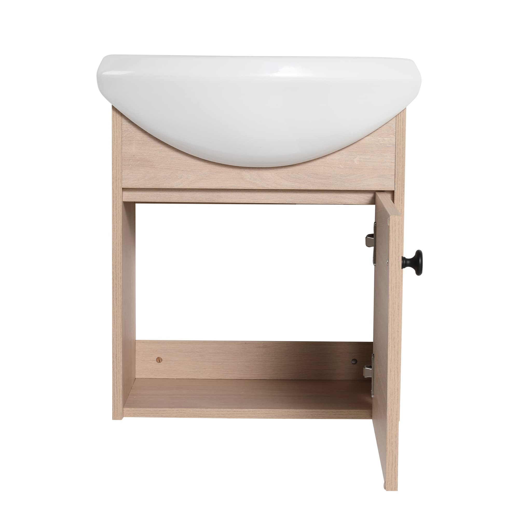 Pvillez Modern Bathroom Vanity with Sink Combo 18 inch Small Bathroom Vanity Set with Top Basin & Storage Cabinet Wood Wall Mounted Light Oak Bath Cabinet with Glossy Ceramic Sink for Small Space