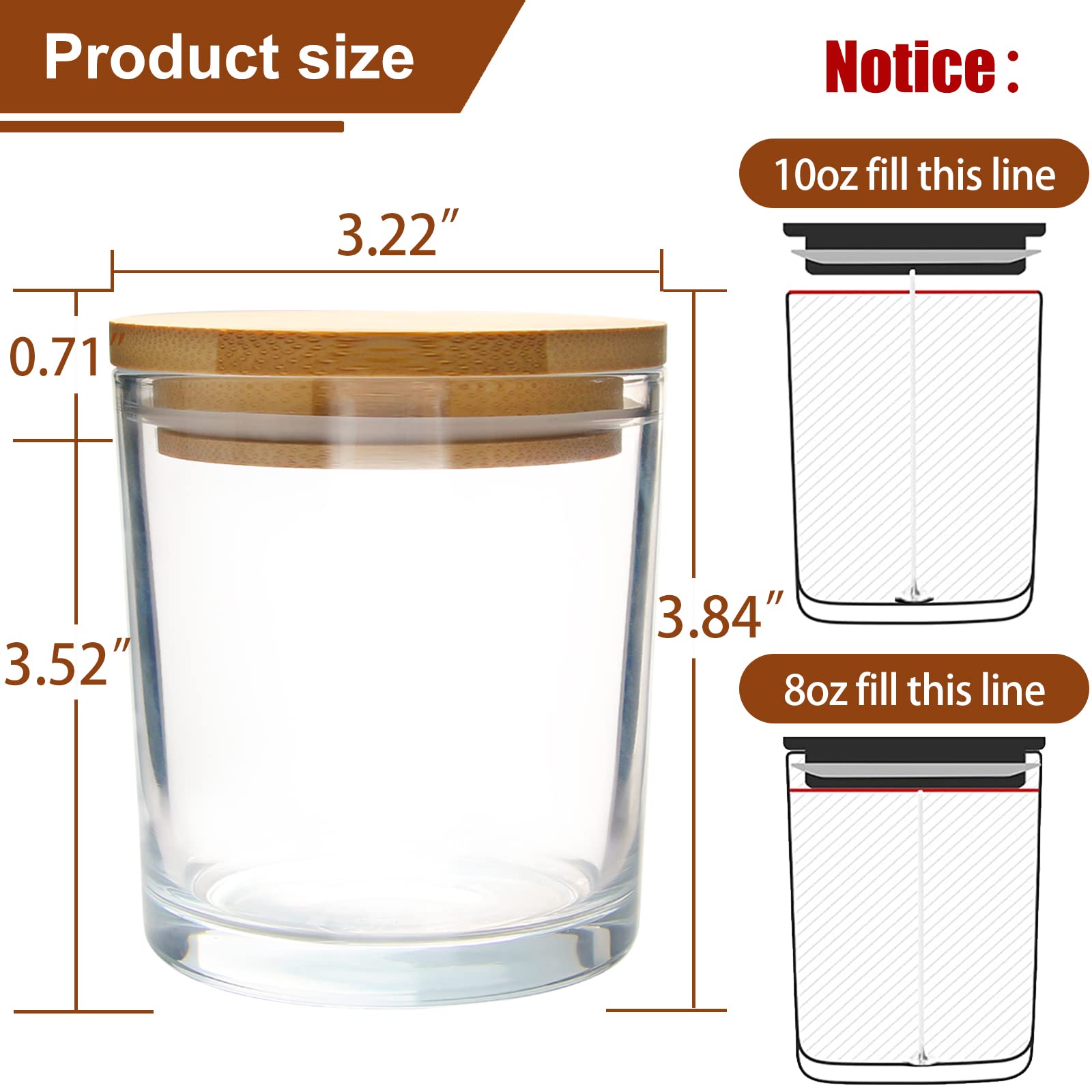 CONNOO 12Pack 10 OZ Clear Glass Candle Jars with Bamboo Lids for Making Candles, Large Size Empty Candle Tins with Wooden Lids, Bulk Clean Candle Containers - Dishwasher Safe