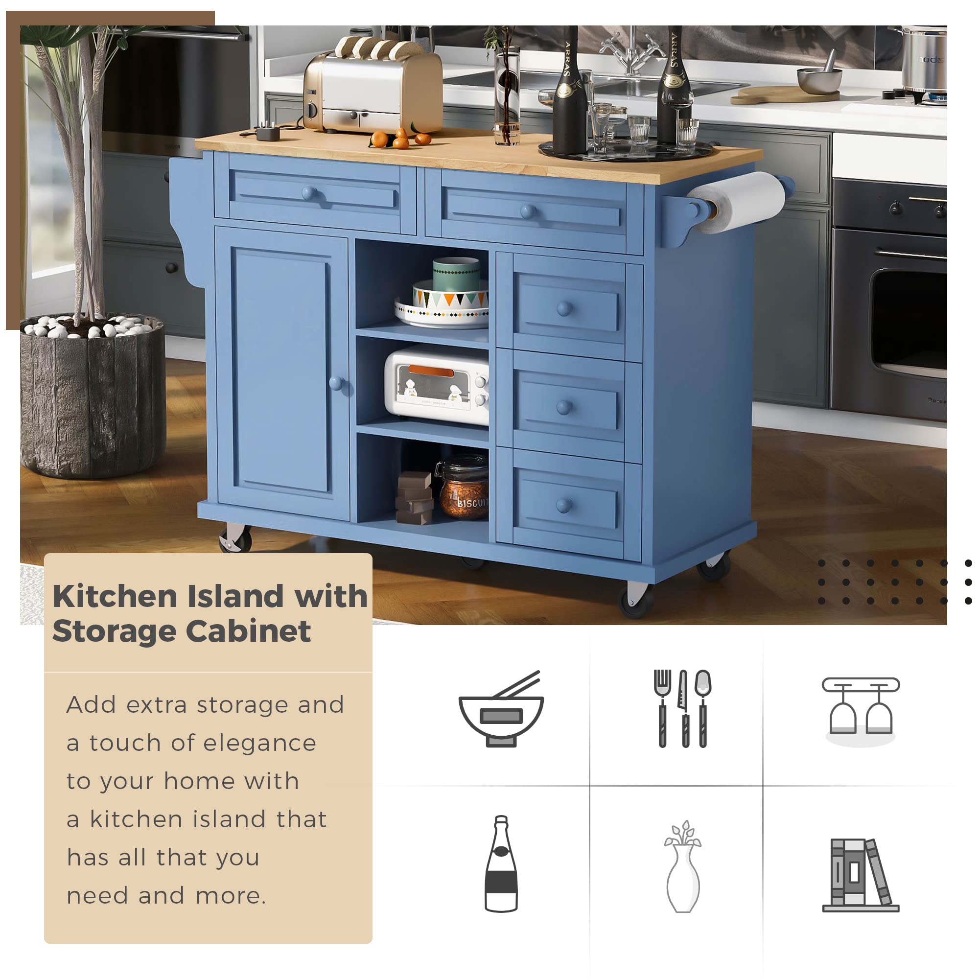 P PURLOVE Kitchen Island Cart with Solid Wood Desktop and Storage Cabinet, Rolling Mobile Kitchen Island Cart with Adjustable Shelves, Spice Rack, Towel Rack, 5 Drawers and Lockable Casters, Blue